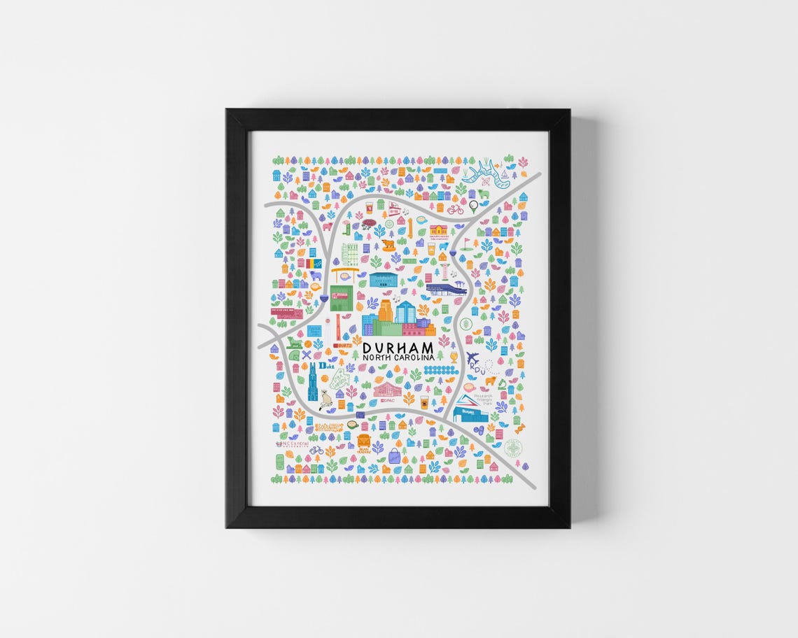 Durham, North Carolina Illustrated Map Art Print – Cityscape Home Decor ...