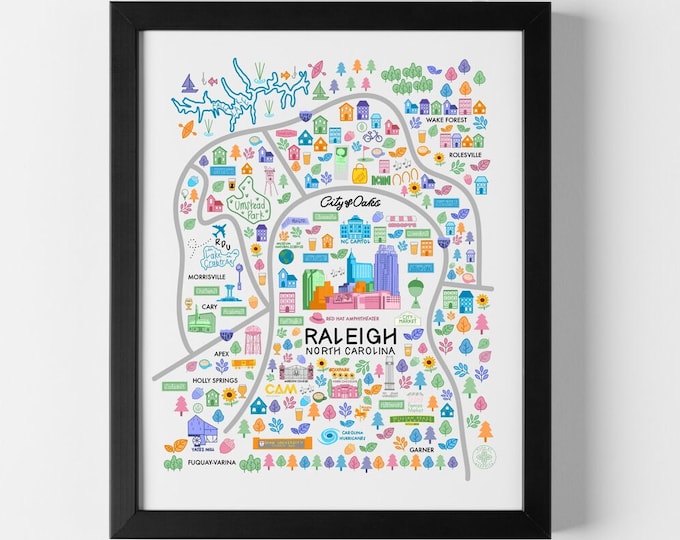 Raleigh Illustrated Map Art Print - Vibrant North Carolina Cityscape ...
