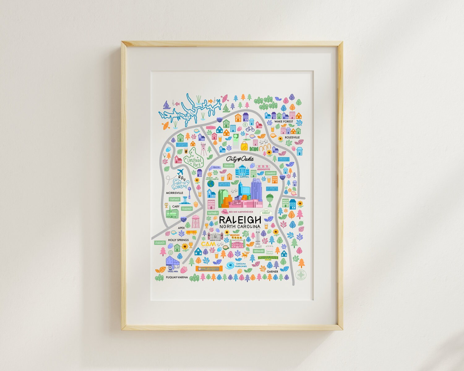 Raleigh Illustrated Map Art Print - Vibrant North Carolina Cityscape ...
