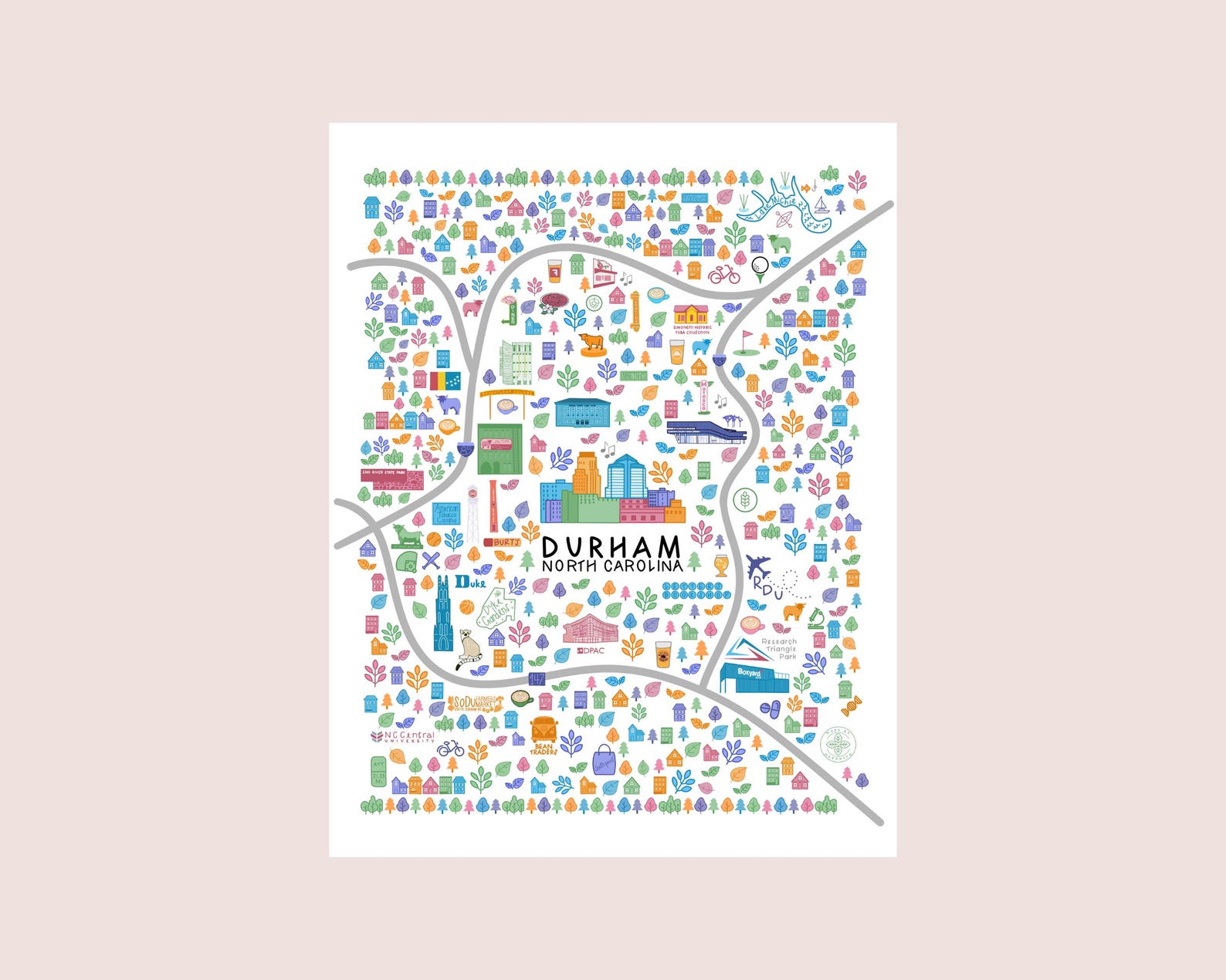 Durham, North Carolina Illustrated Map Art Print – Cityscape Home Decor ...