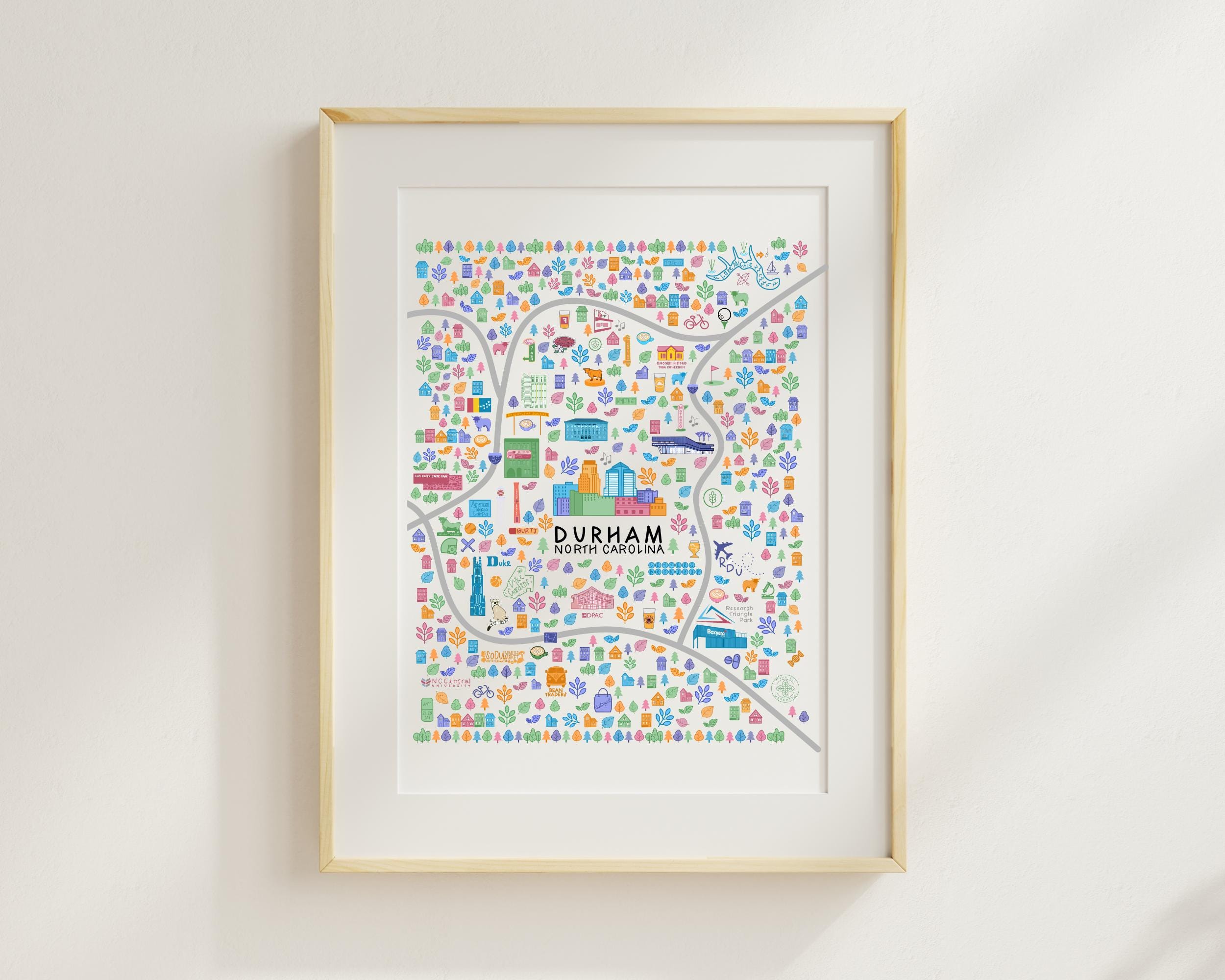 Durham, North Carolina Illustrated Map Art Print – Cityscape Home Decor ...
