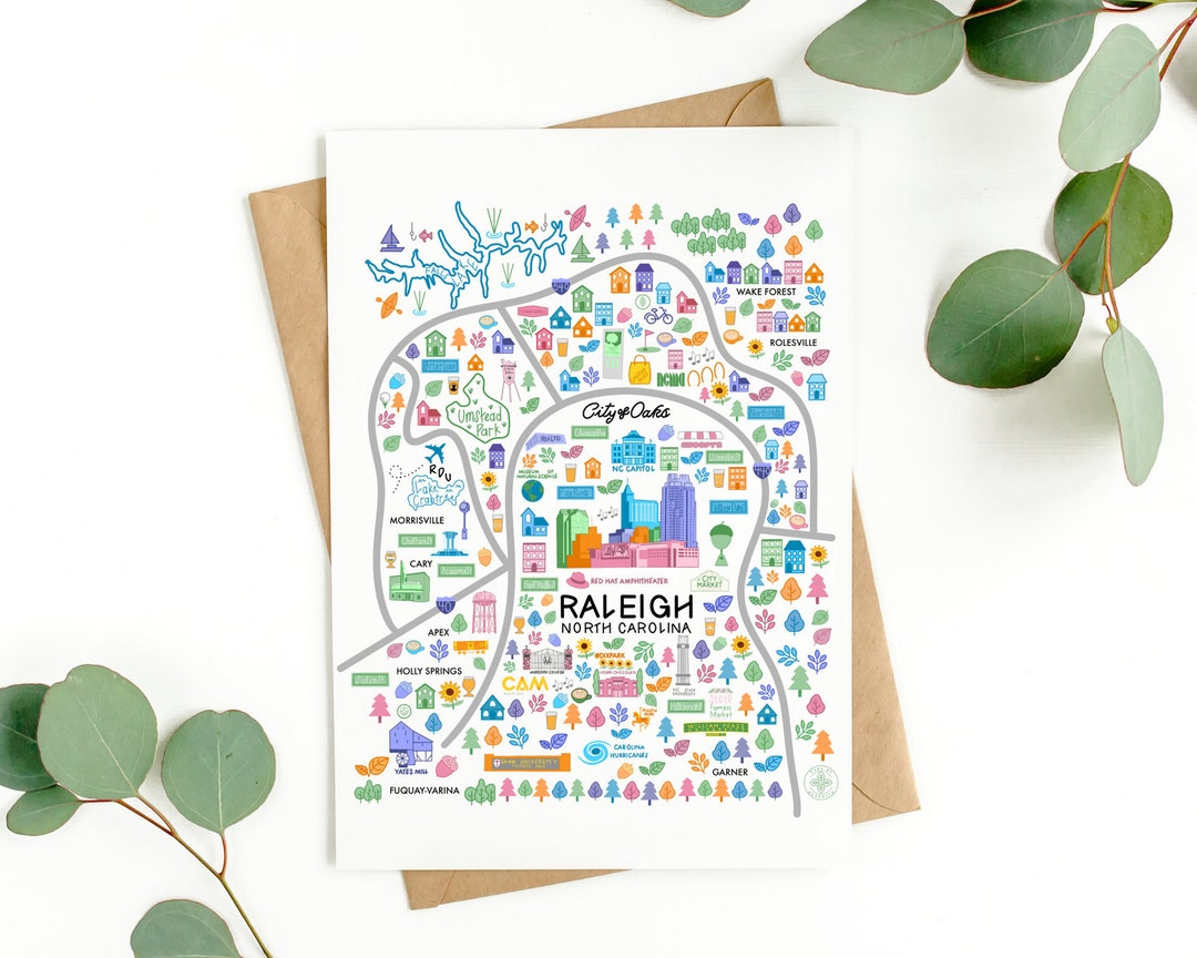 Raleigh NC Postcard, Illustrated City Map Art Print (5x7) - Etsy