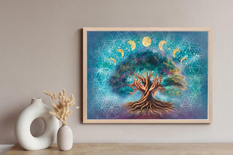Tree of Life With Moon Phases and Flower of Life | Spiritual Wall Art ...
