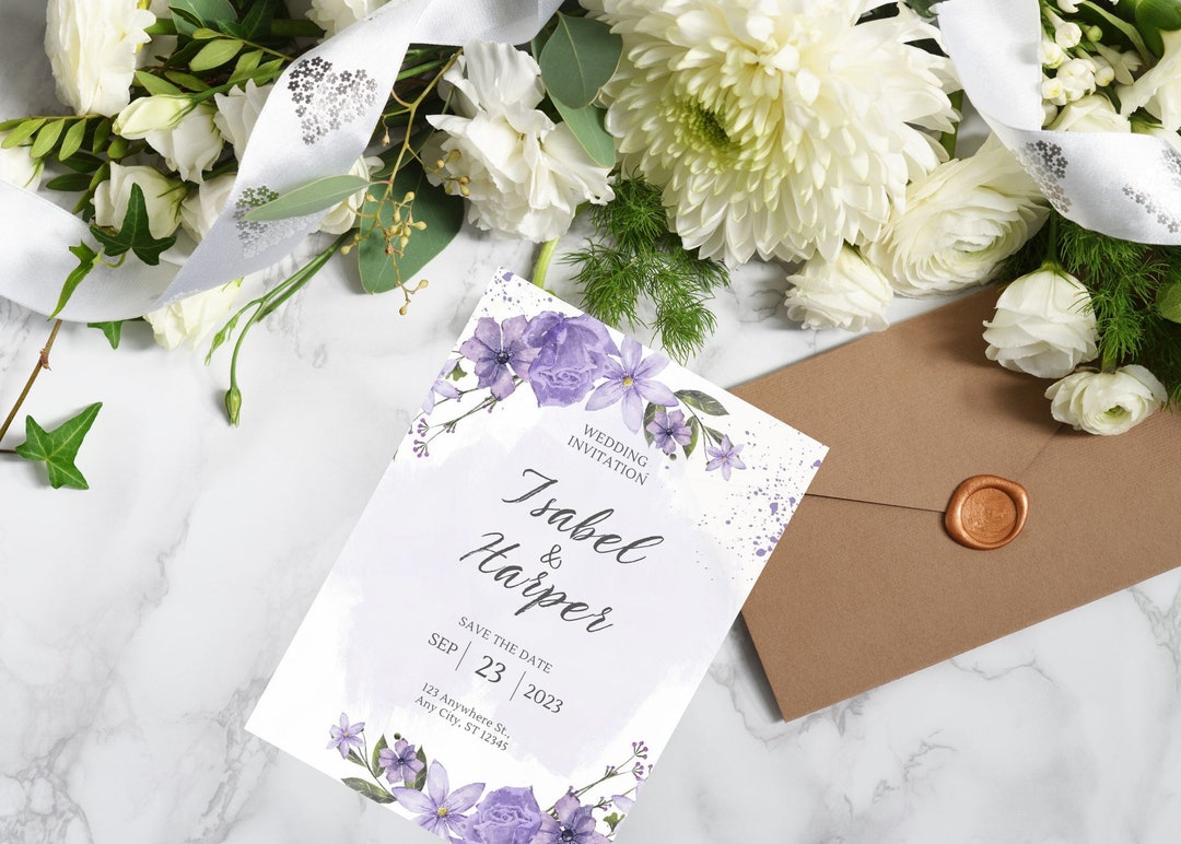 Violet & White Wedding Invitation Template, Violet Flower Design ...