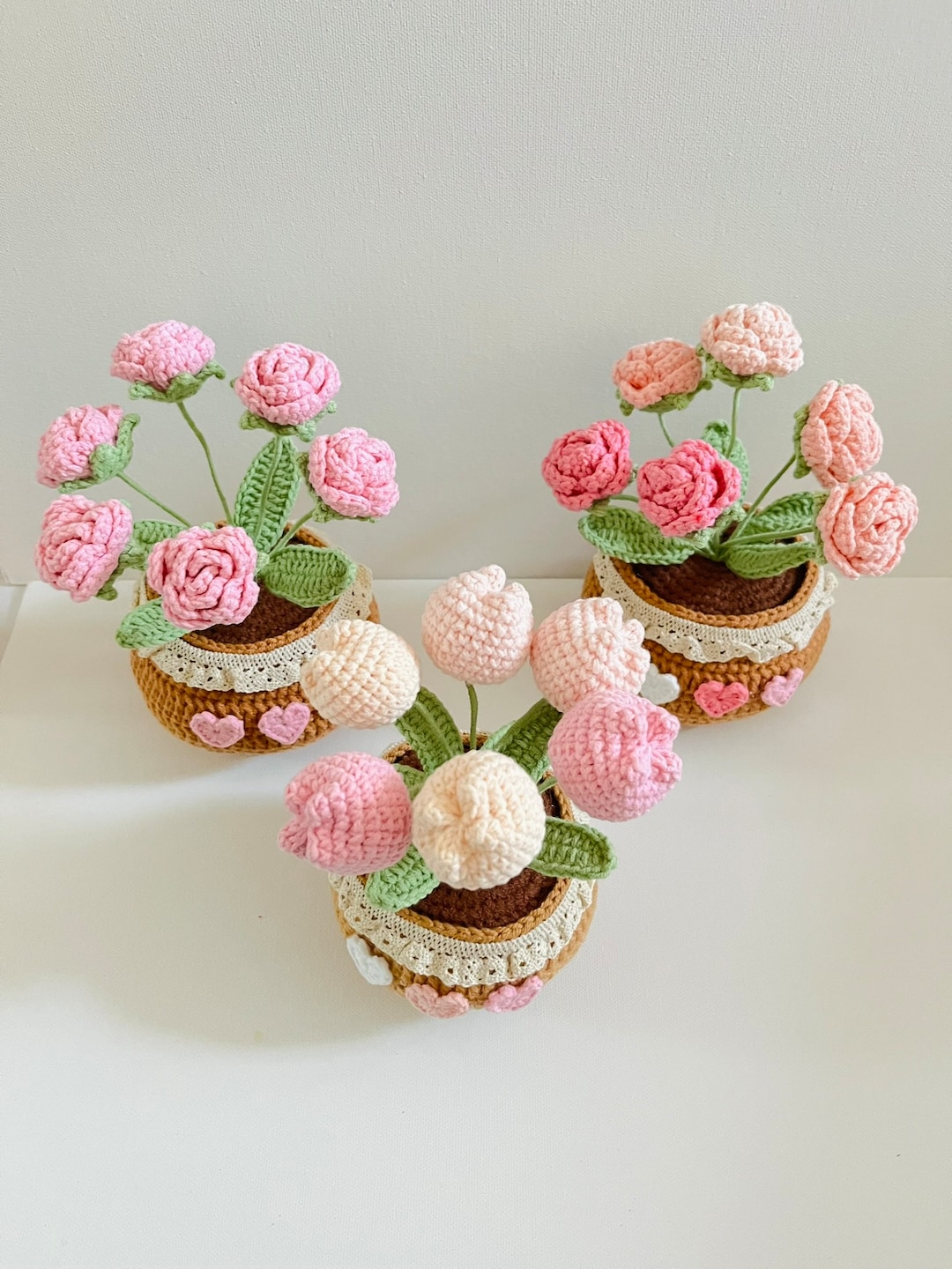 Crochet Potted Flower Set: Handmade Yarn Roses & Tulips - Etsy