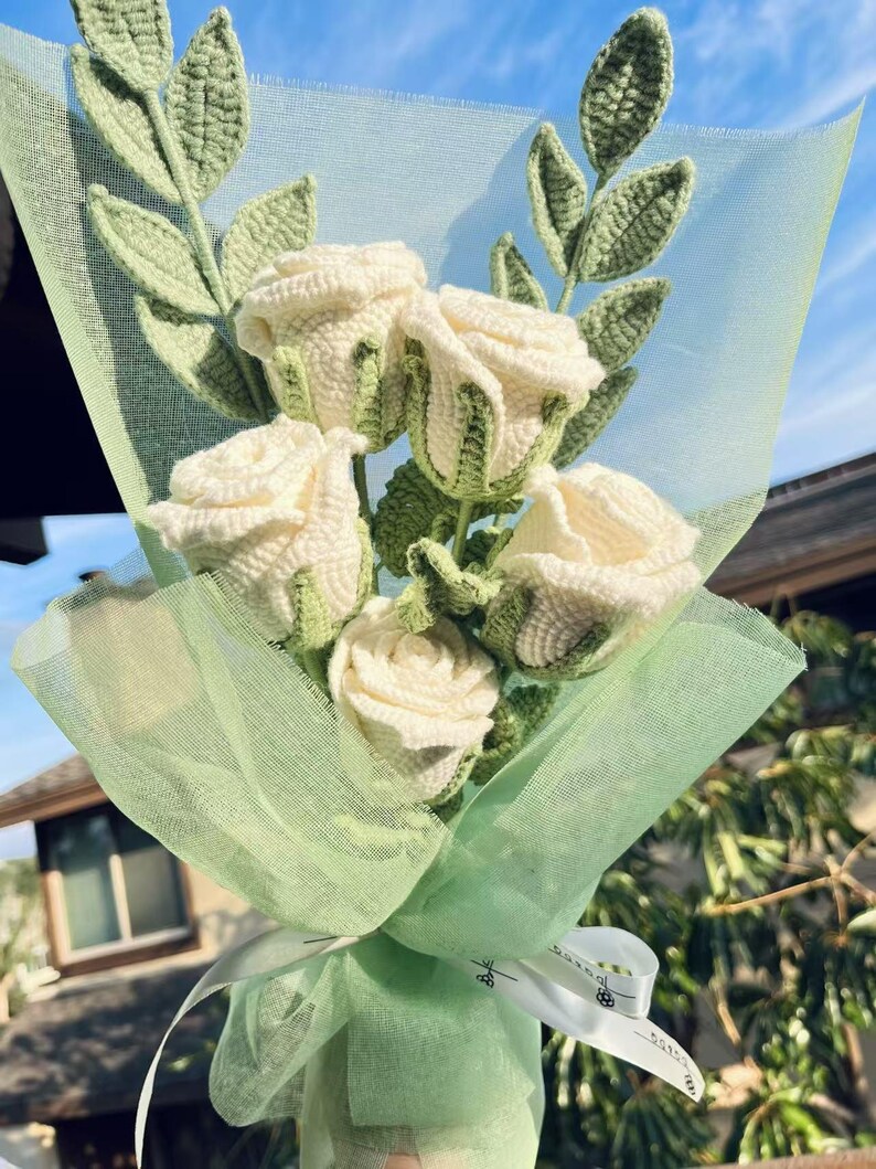 Handmade Crochet White Rose Bouquet: Everlasting Yarn Flowers - Etsy