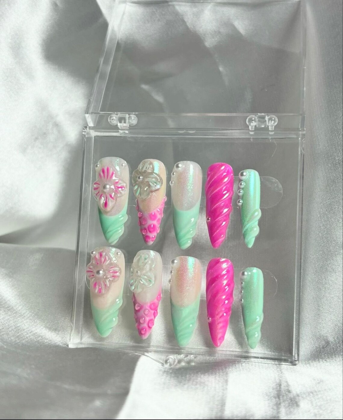 3D Gel Flowers Blooming Gel Iridescent Chrome French Tip Pearls Pink ...