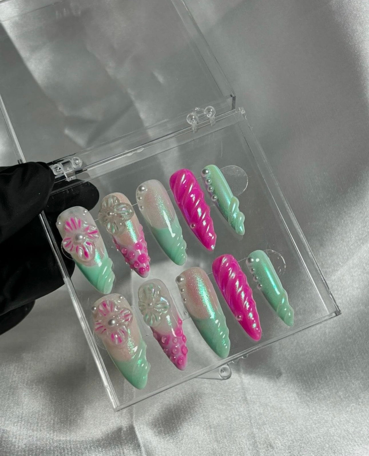 3D Gel Flowers Blooming Gel Iridescent Chrome French Tip Pearls Pink ...