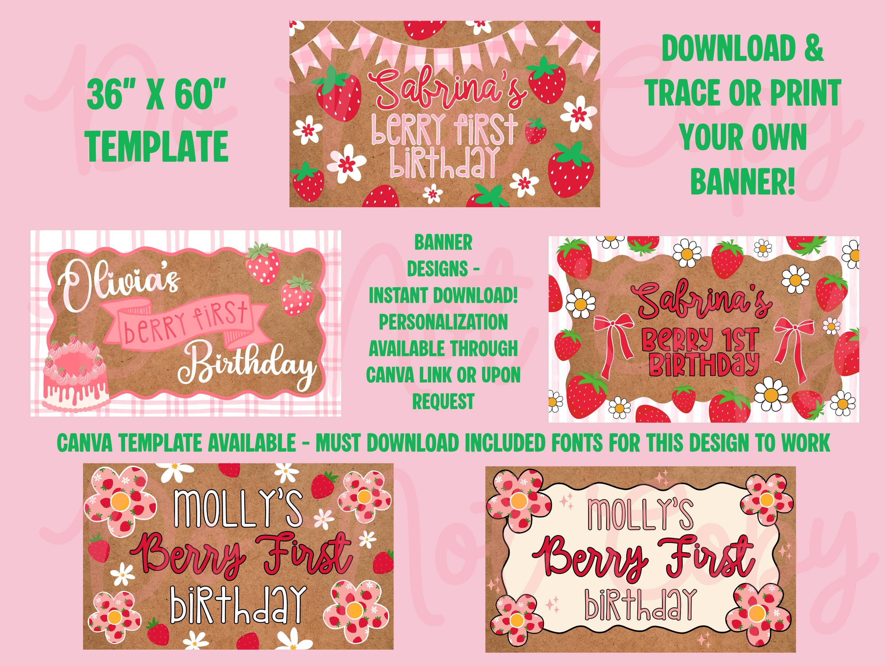 Berry First Birthday Banner Templates: Strawberries, Daisies, Birthday ...