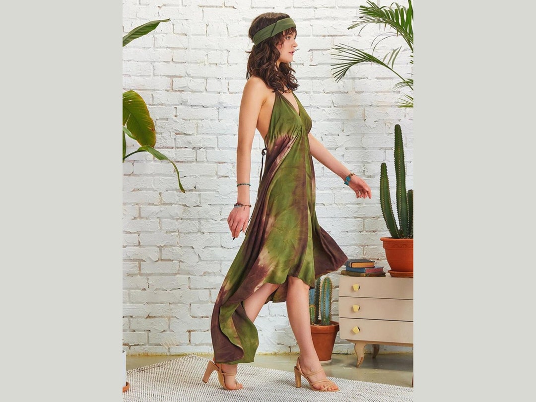 Women's Boho Khaki Tie Dye Handkerchief Dress Long Summer Dress, 2024 ...