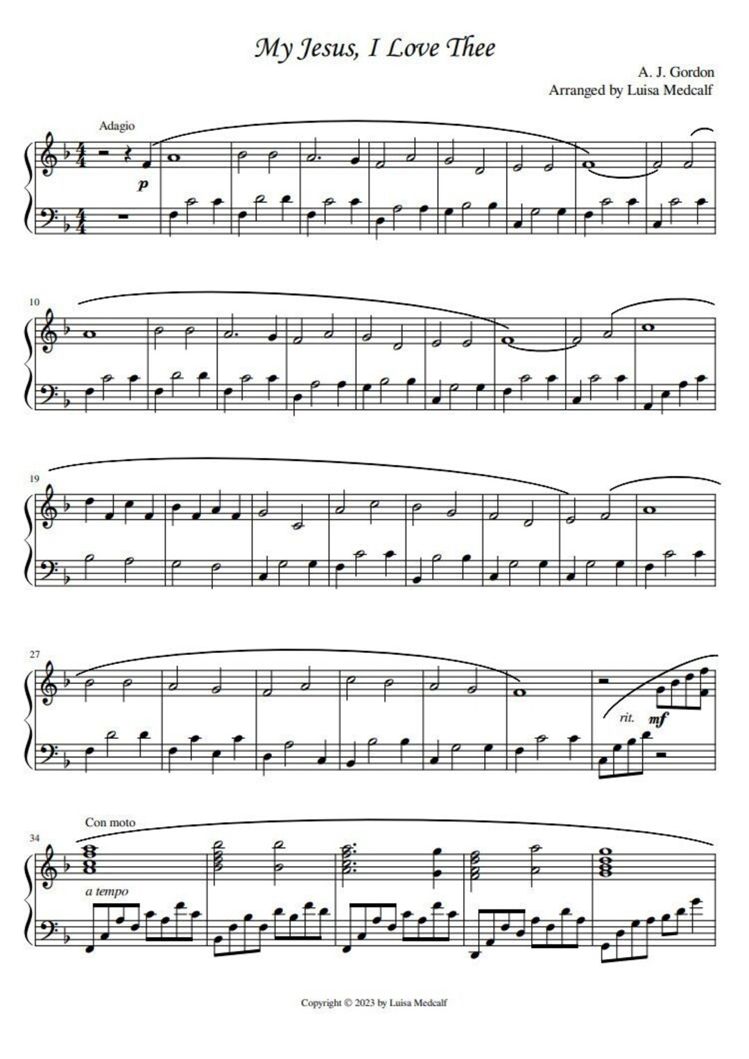 My Jesus, I Love Thee - Piano Solo INTERMEDIATE - Etsy