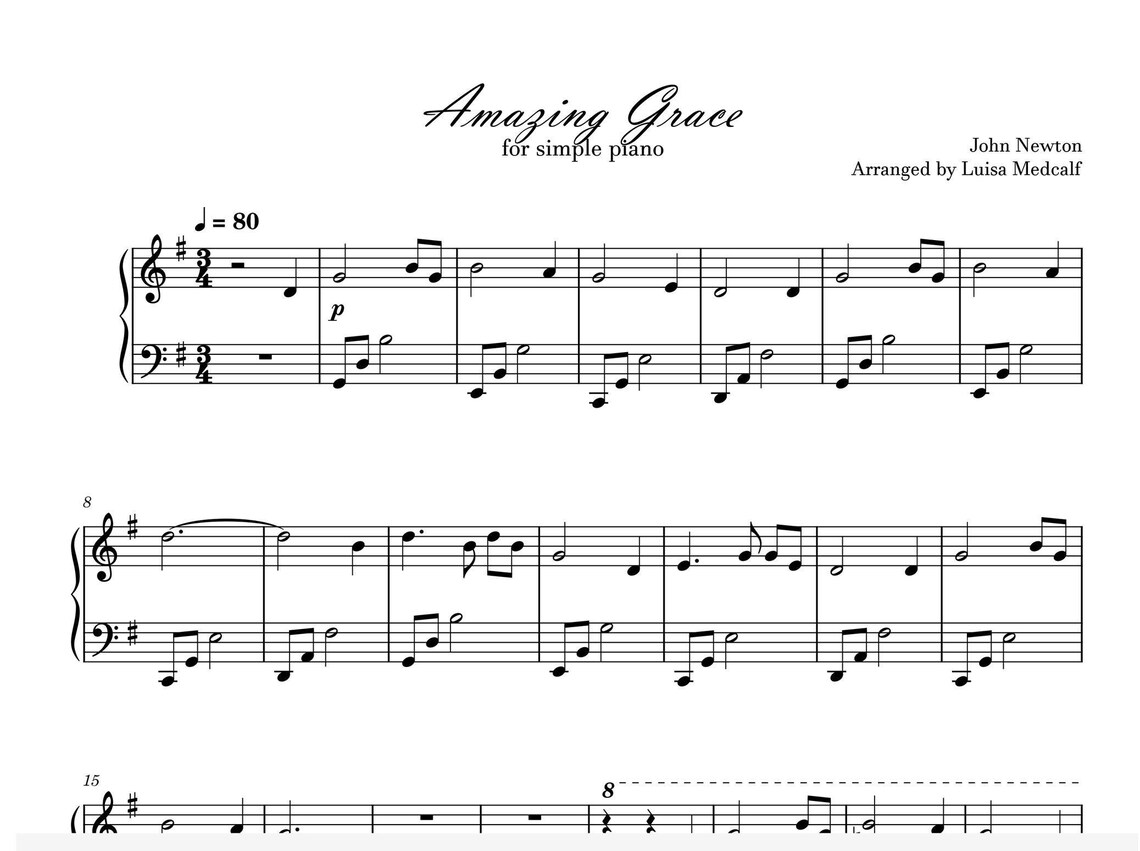 Amazing Grace - Piano Solo EASY - Etsy