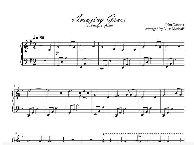 Amazing Grace - Piano Solo EASY - Etsy