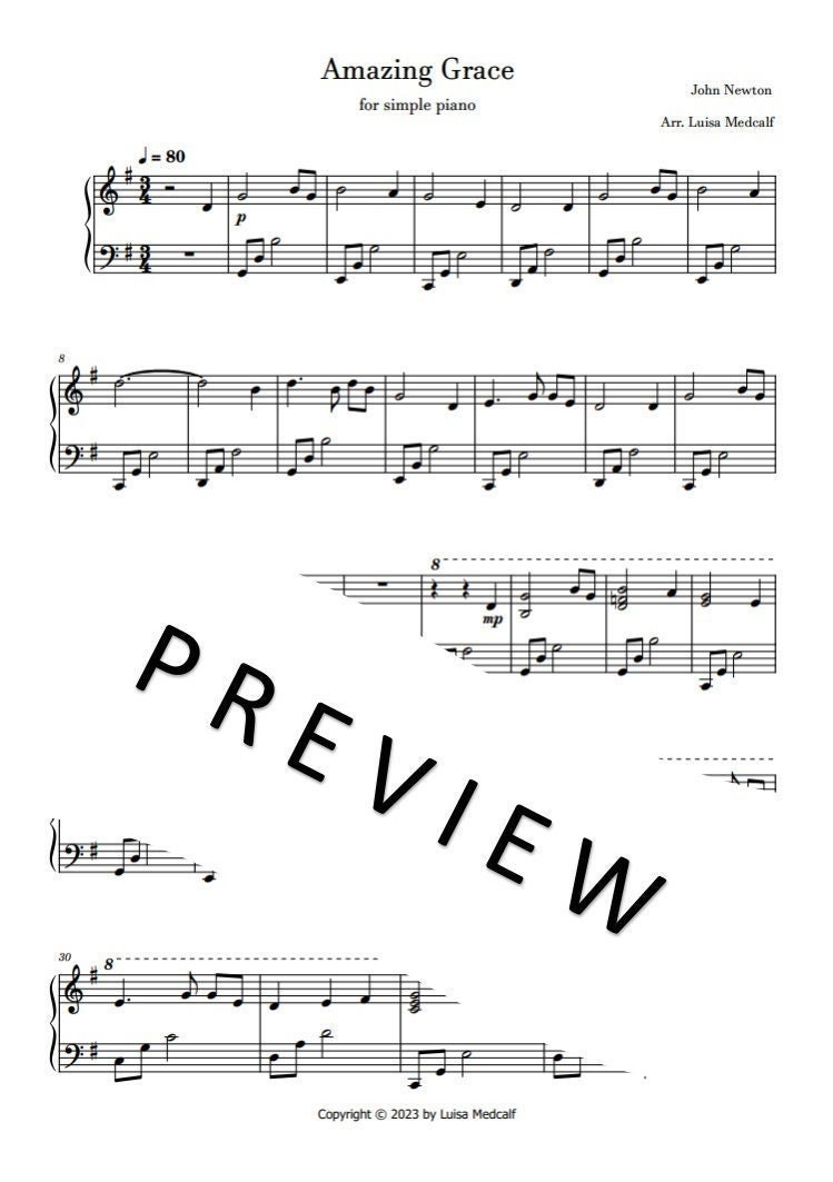 Amazing Grace Piano Solo EASY - Etsy
