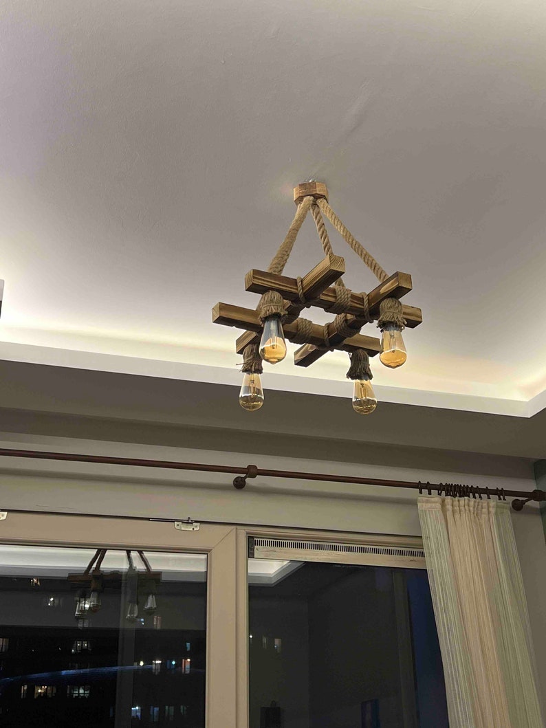 Wood Beam Rope Chandelier, Rustic Farmhouse Lighting, 4-light Fixture ...