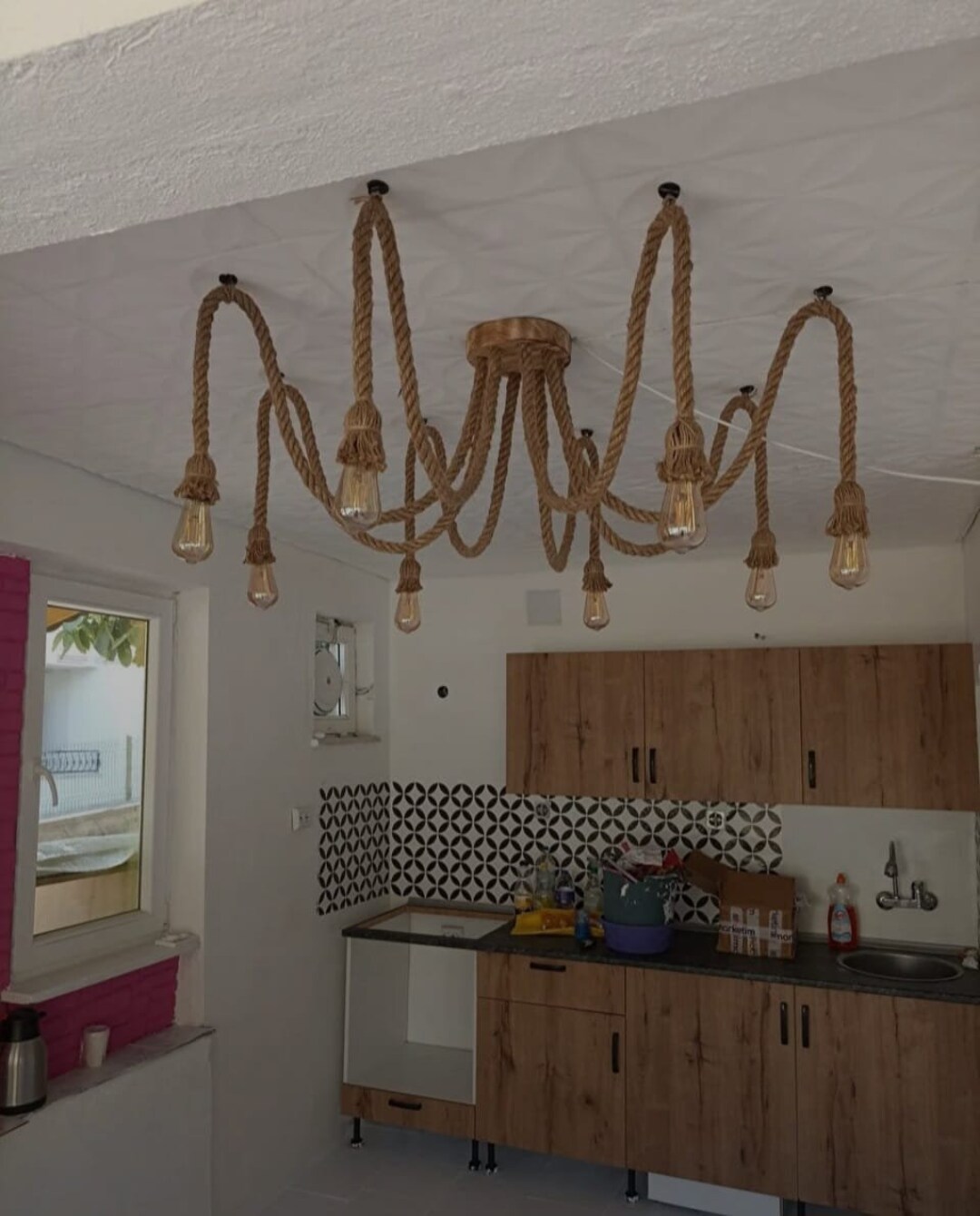 Rustic Hemp Rope Lamp, Retro Rope Chandelier, Rustic Rope Pendant ...