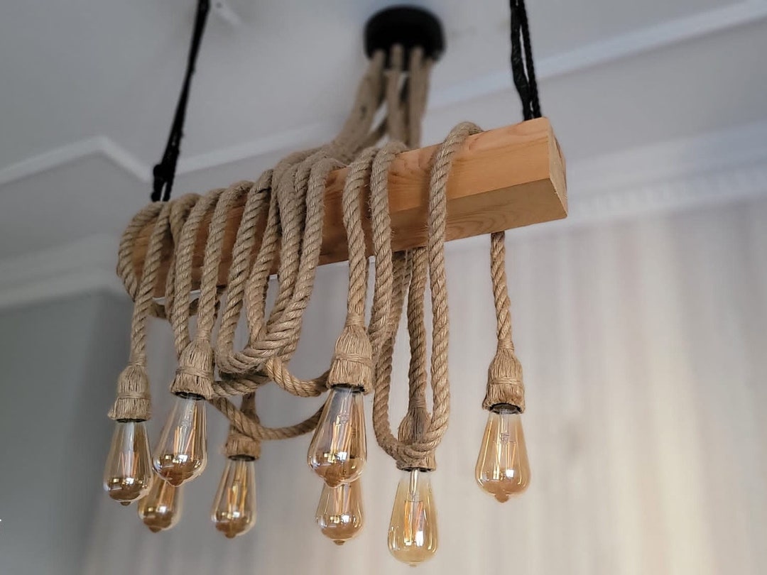 Rustic Wood Beam Rope Chandelier, Light Fixture, Authentic Retro Jute ...