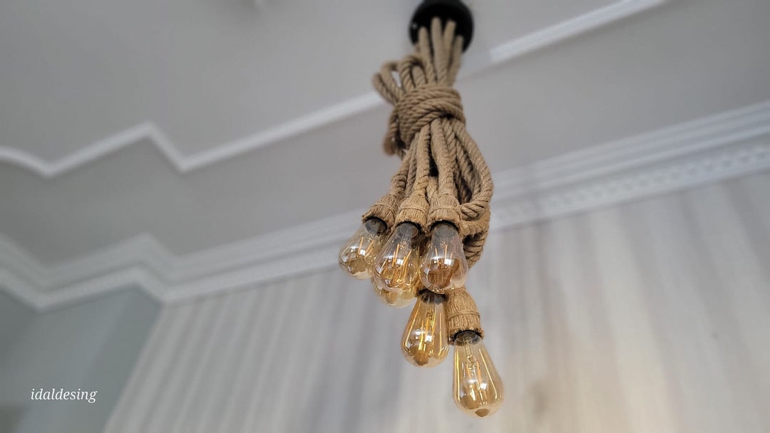 12 Feet 8 Arm Rope Spider Ligting, Rustic Barn Style Hemp Rope Lighting ...