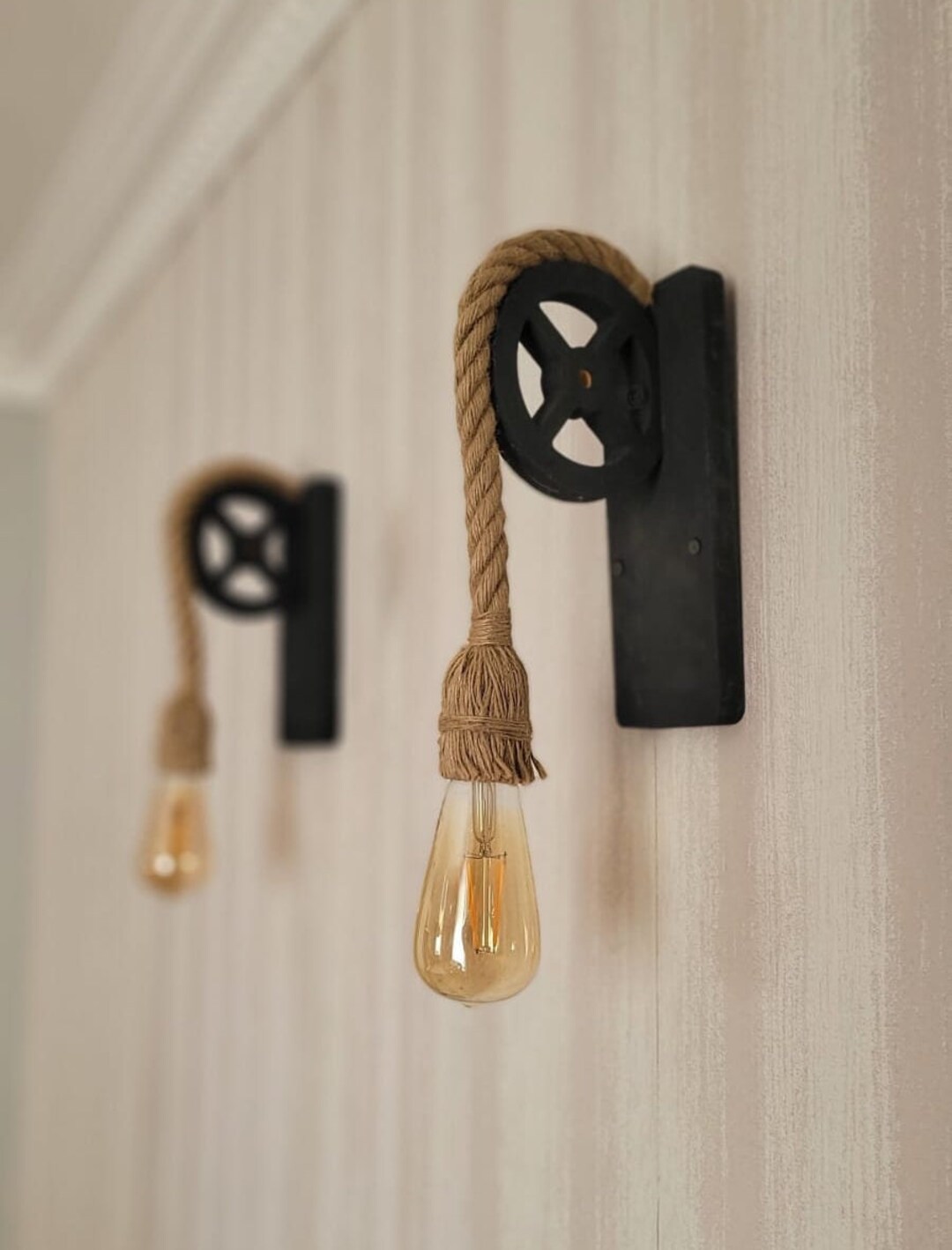 Wooden Crane Pulley Rope Wall Lamp, Rustic Antique Style Wall Lamp ...