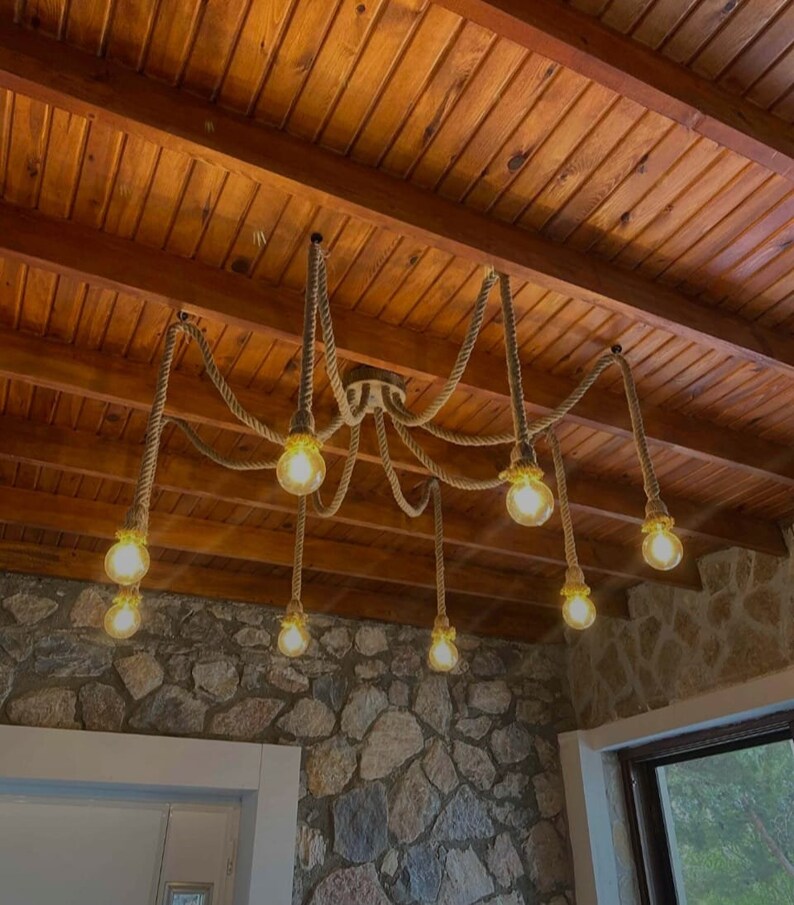 Farmhouse Hemp Rope Lamp, Retro Rope Chandelier, Rustic Rope Pendant ...