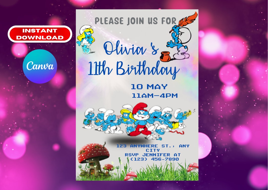 Smurf Birthday İnvitation , Smurf Editable Birthday Card, Boy Editable ...