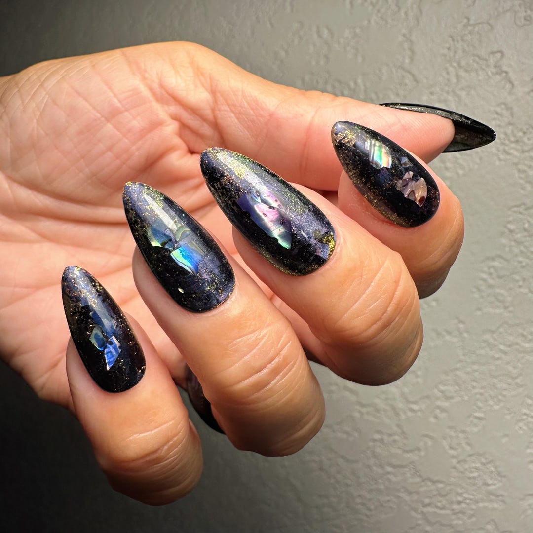 Black Galaxy Press-on Nails • Handmade Hard Gel Set • Gold Flakes ...