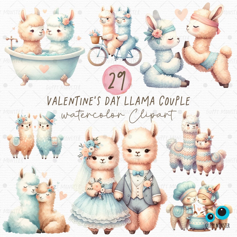 Valentine's Day Llama Couple Watercolor Clipart (digital Download) - Etsy