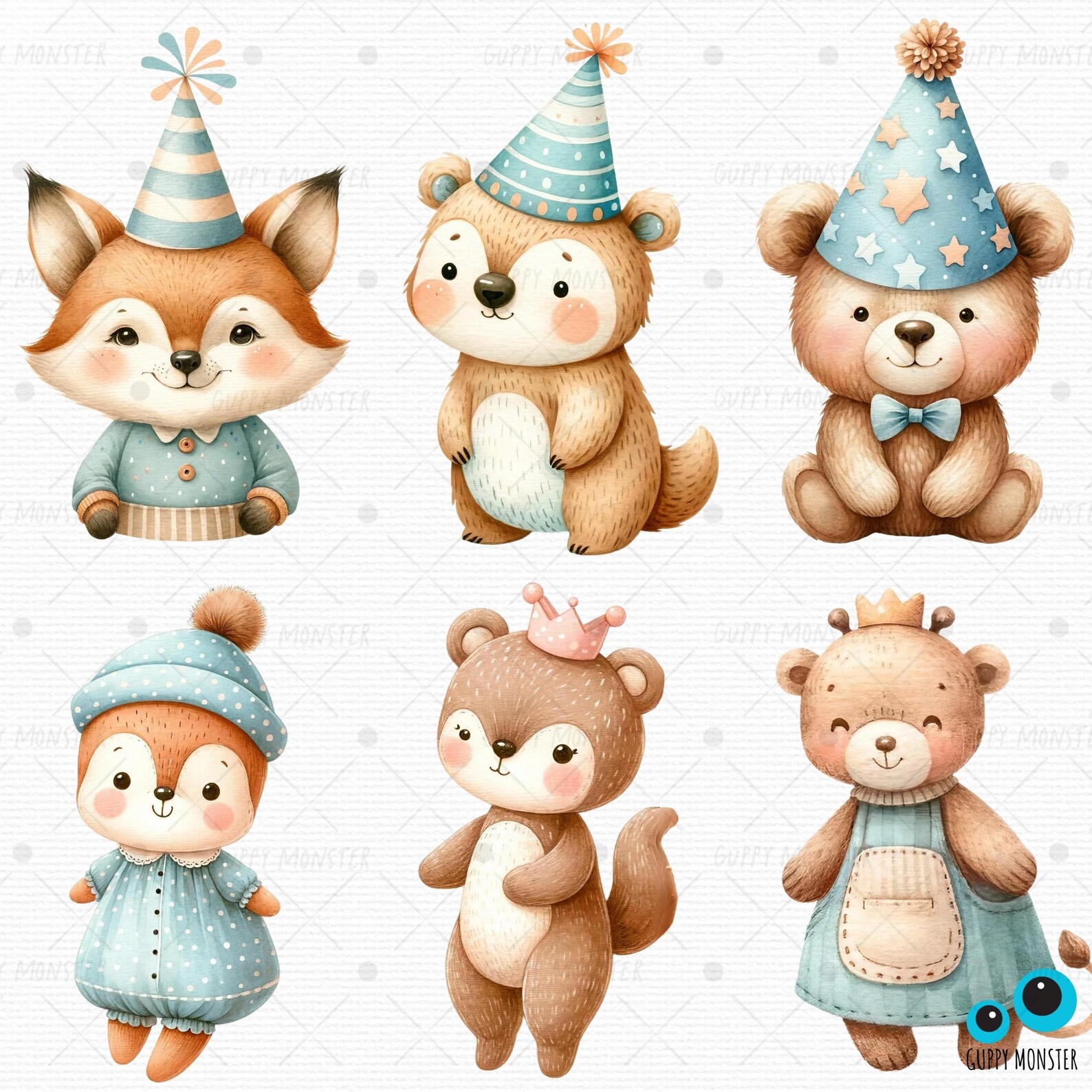 Animal Birthday Party Watercolor Clipart, Animals Png, Clipart for ...