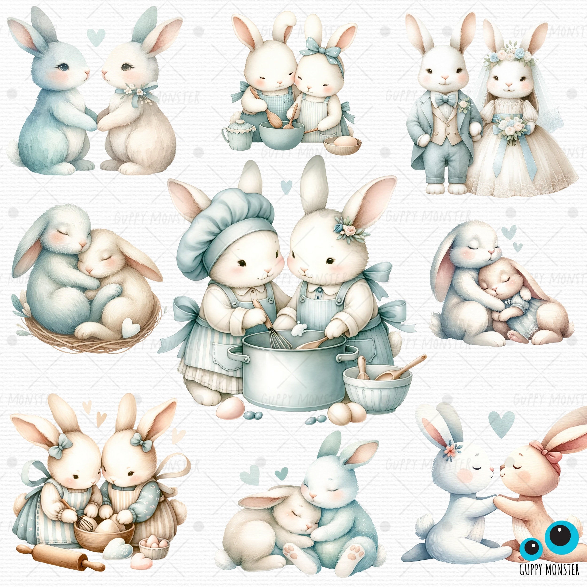Valentine's Day Bunny Couple Watercolor Clipart, Cute Rabbit Png ...
