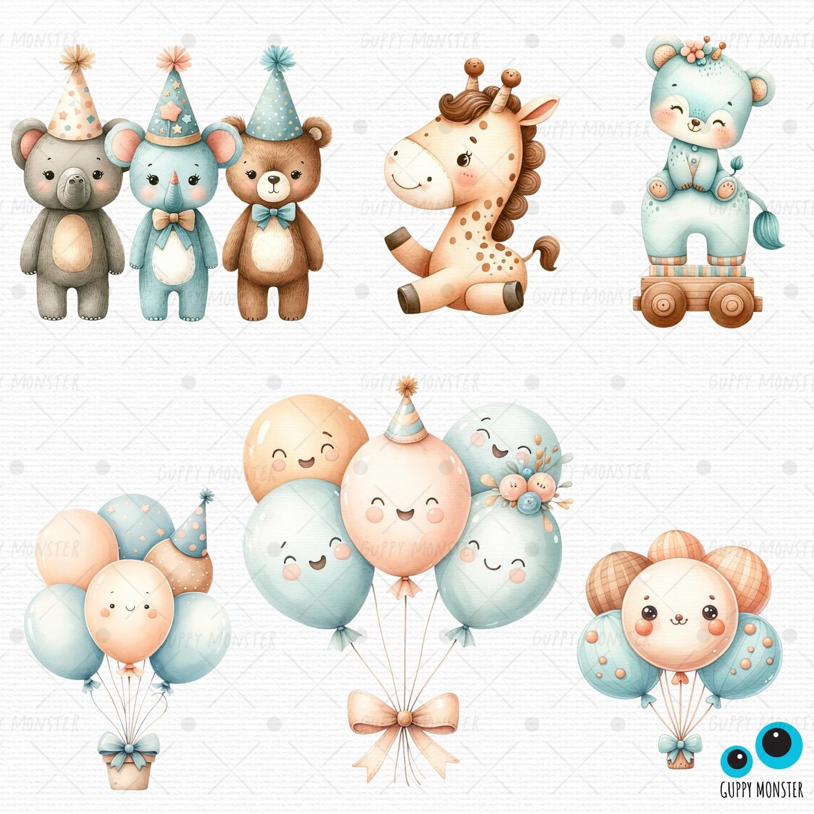 Animal Birthday Party Watercolor Clipart, Animals Png, Clipart for ...