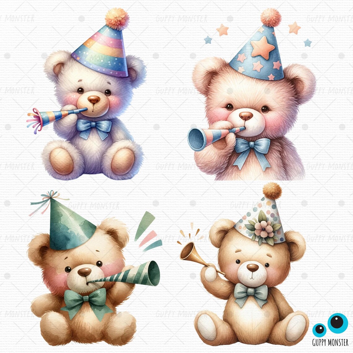 Bear Party Watercolor Clipart, Cute Bear Birthday Party Theme, Bear Png ...