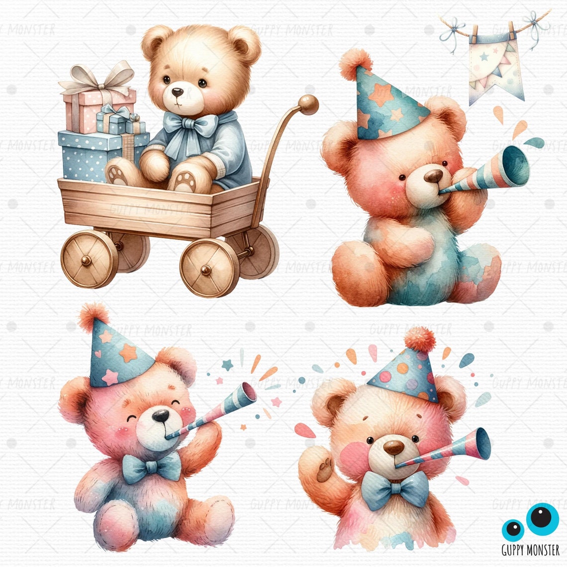 Bear Party Watercolor Clipart, Cute Bear Birthday Party Theme, Bear Png ...