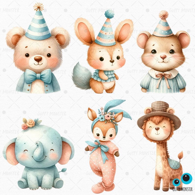 Animal Birthday Party Watercolor Clipart, Animals Png, Clipart for ...