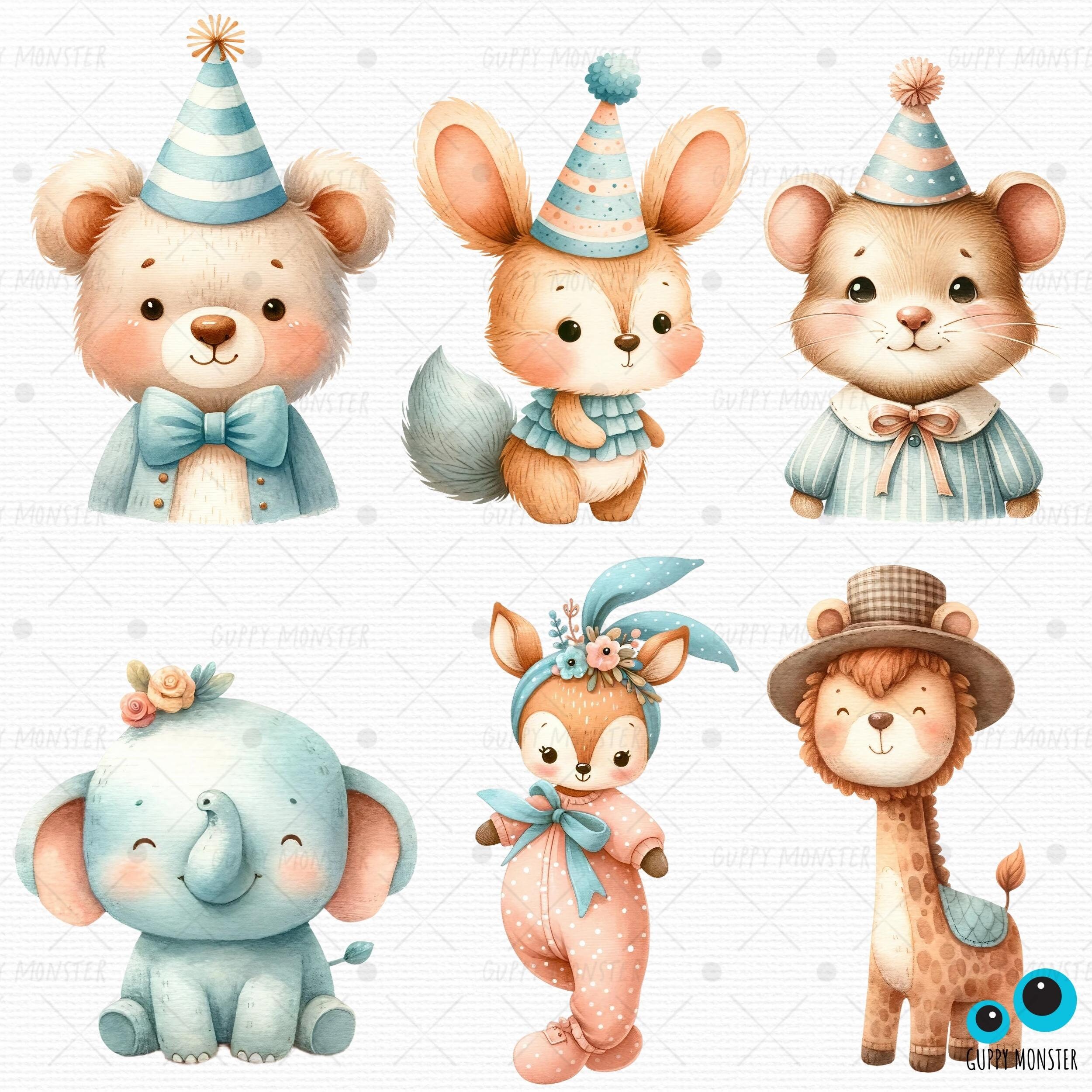 Animal Birthday Party Watercolor Clipart, Animals Png, Clipart for ...