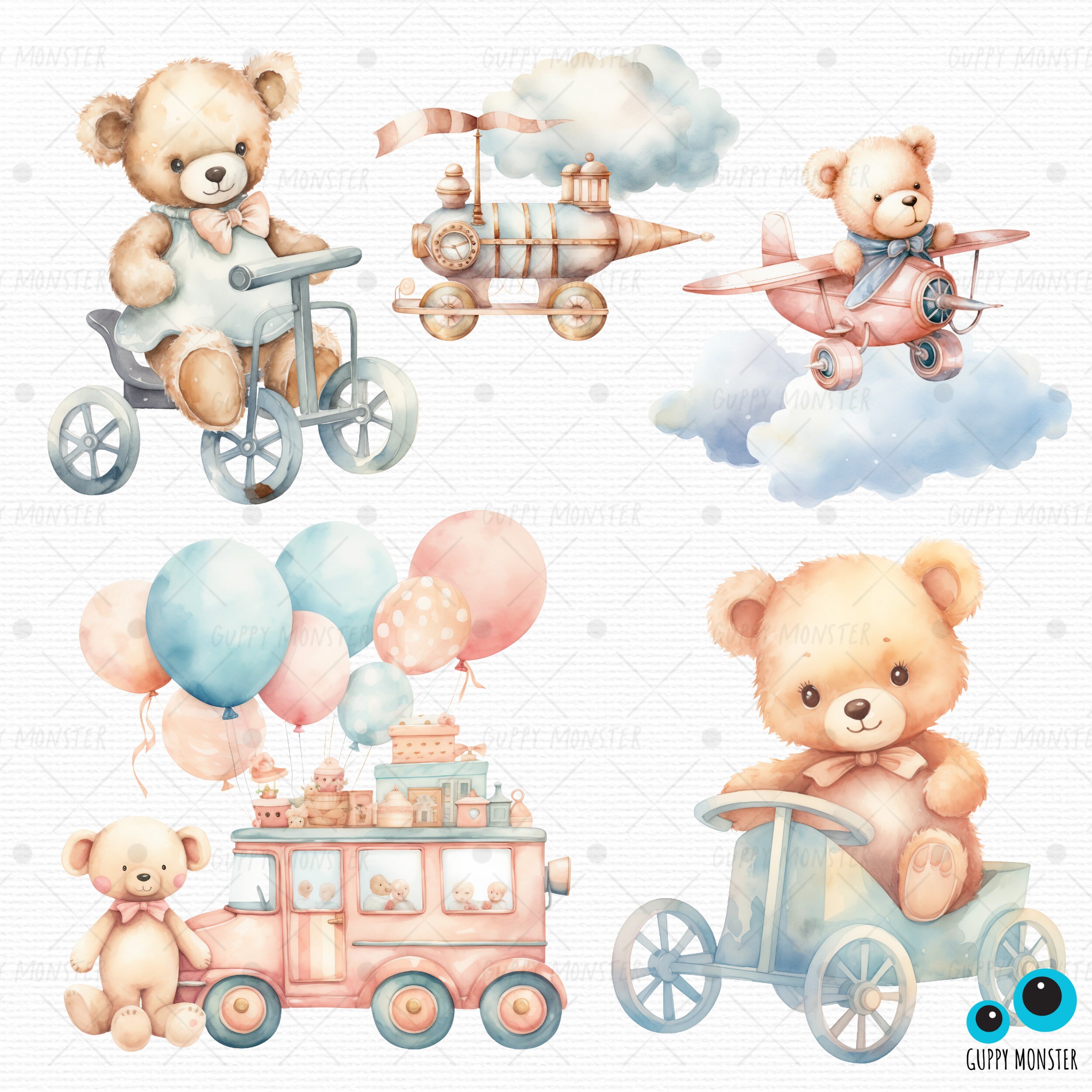 Cute Teddy Bear Nursery Toys Watercolor Clipart, Birthday ...