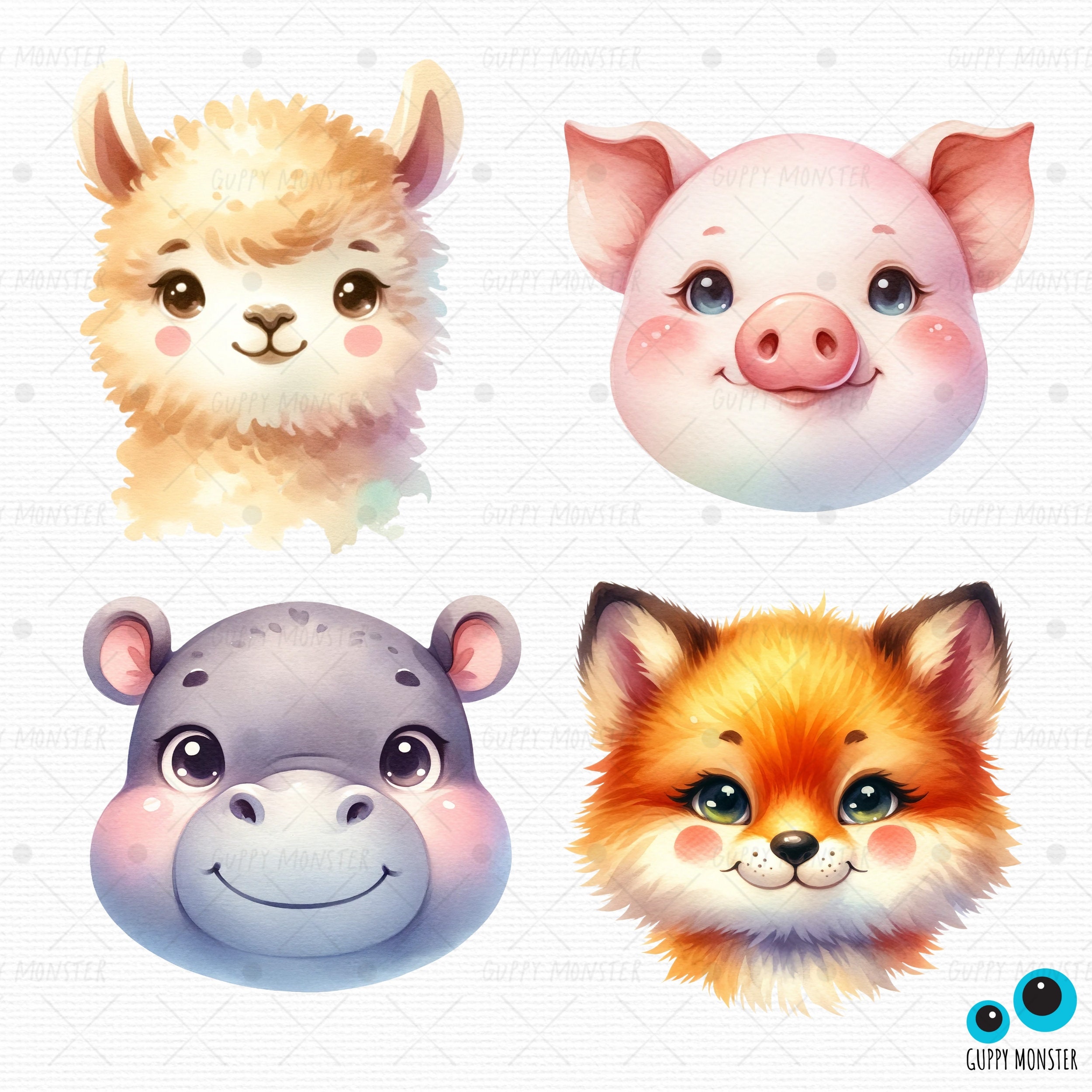 Animal Faces Watercolor Clipart Animals Clipart Farm Animals - Etsy