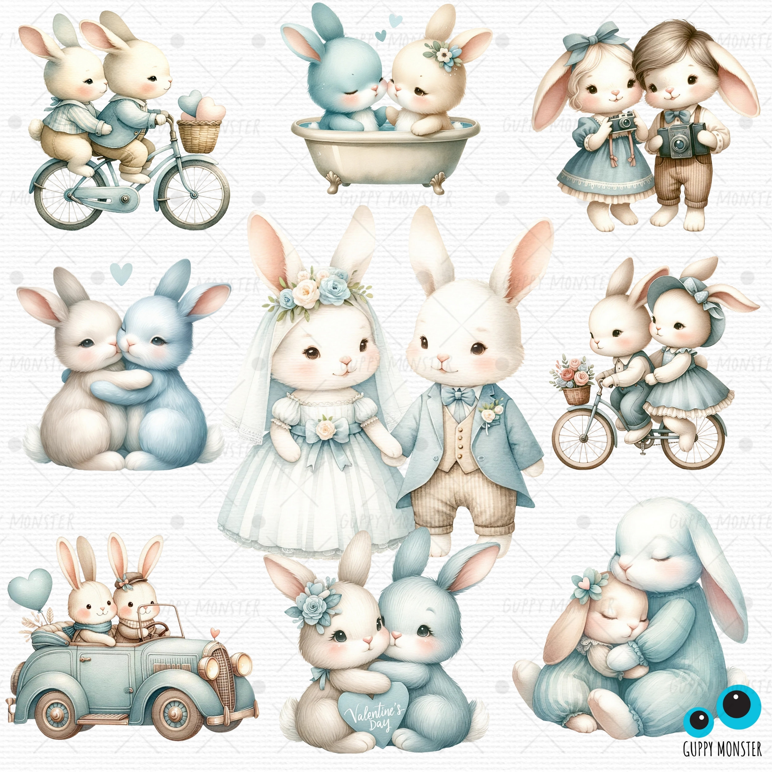 Valentine's Day Bunny Couple Watercolor Clipart, Cute Rabbit Png ...