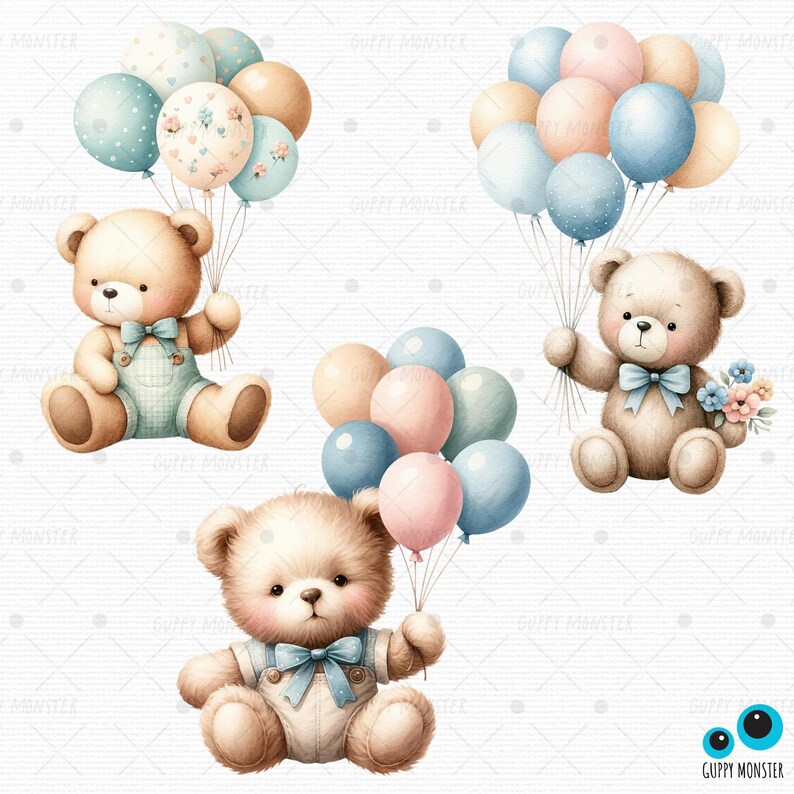 Bear Party Watercolor Clipart, Cute Bear Birthday Party Theme, Bear Png ...