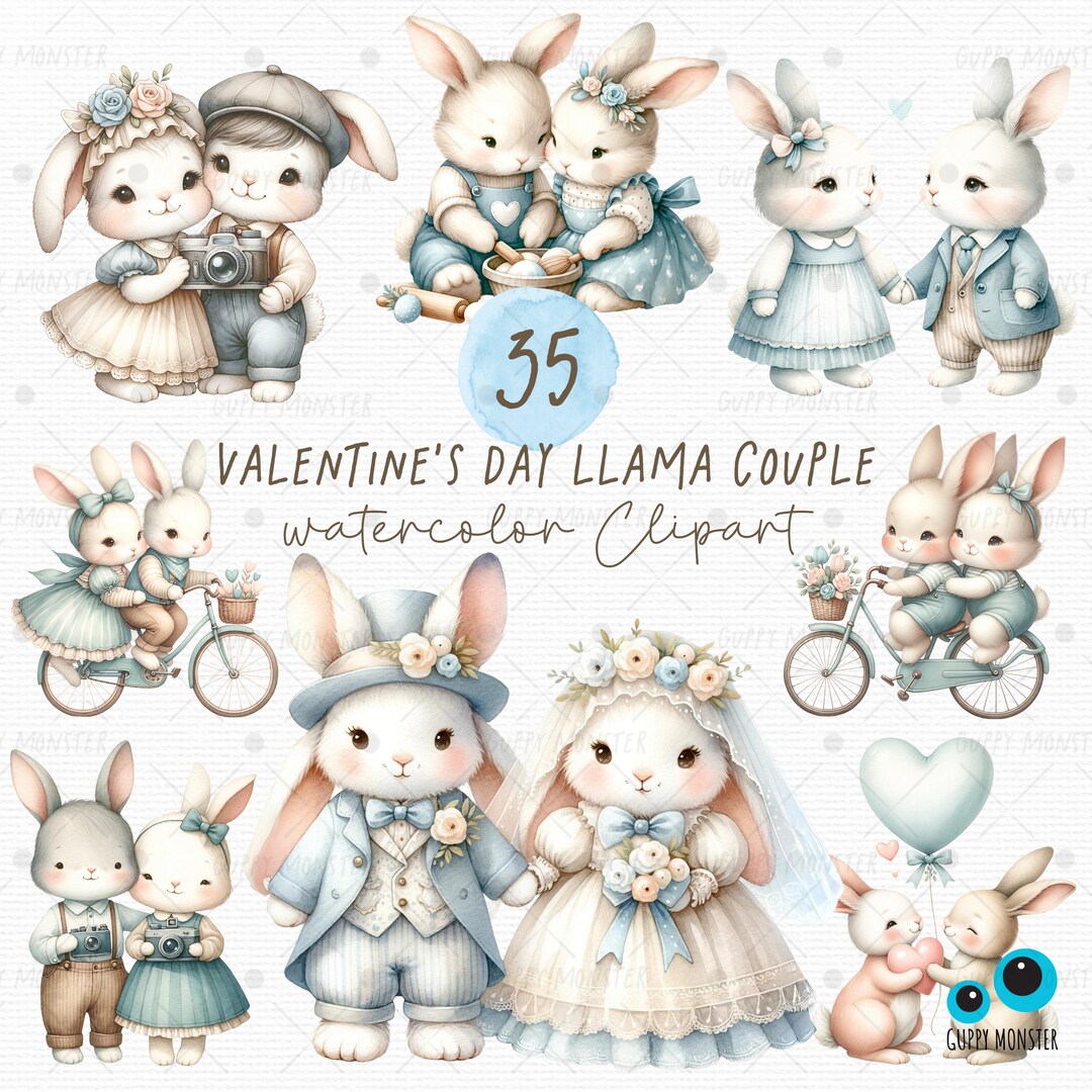 Valentine's Day Bunny Couple Watercolor Clipart, Cute Rabbit Png ...
