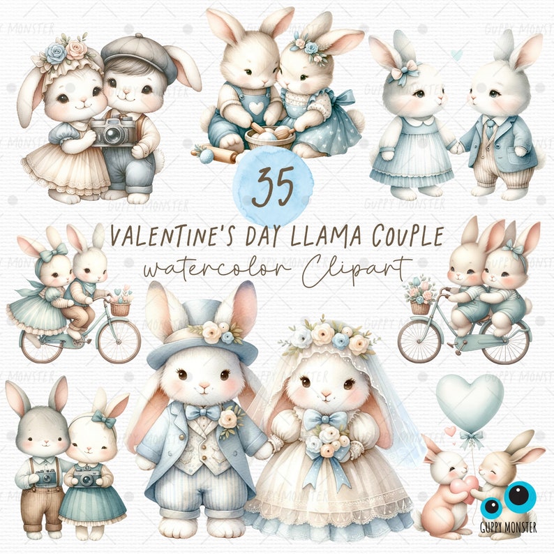 Valentine's Day Bunny Couple Watercolor Clipart, Cute Rabbit Png ...