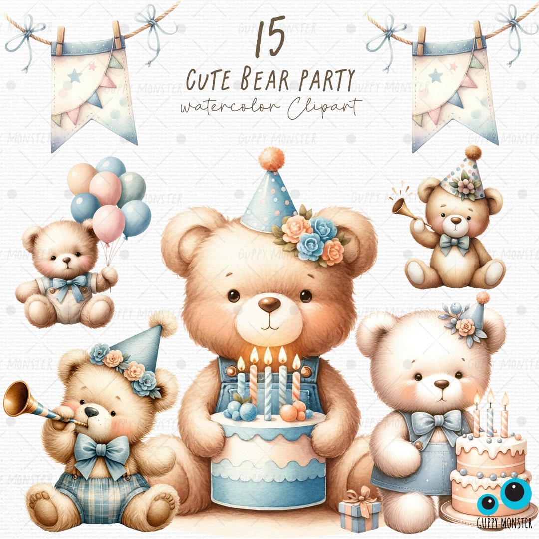 Bear Party Watercolor Clipart, Cute Bear Birthday Party Theme, Bear Png ...