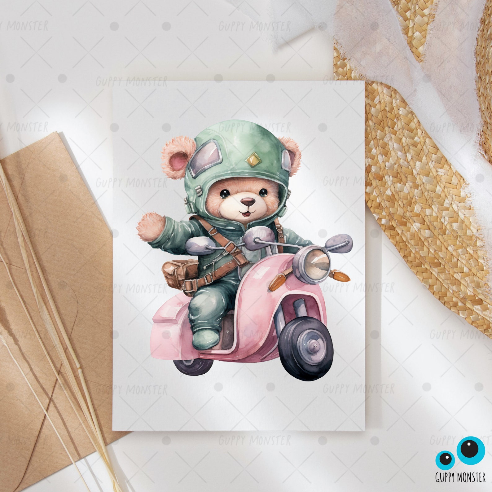 Cute Teddy Bear Watercolor Clipart, Teddybear Pilot, Motorbike ...