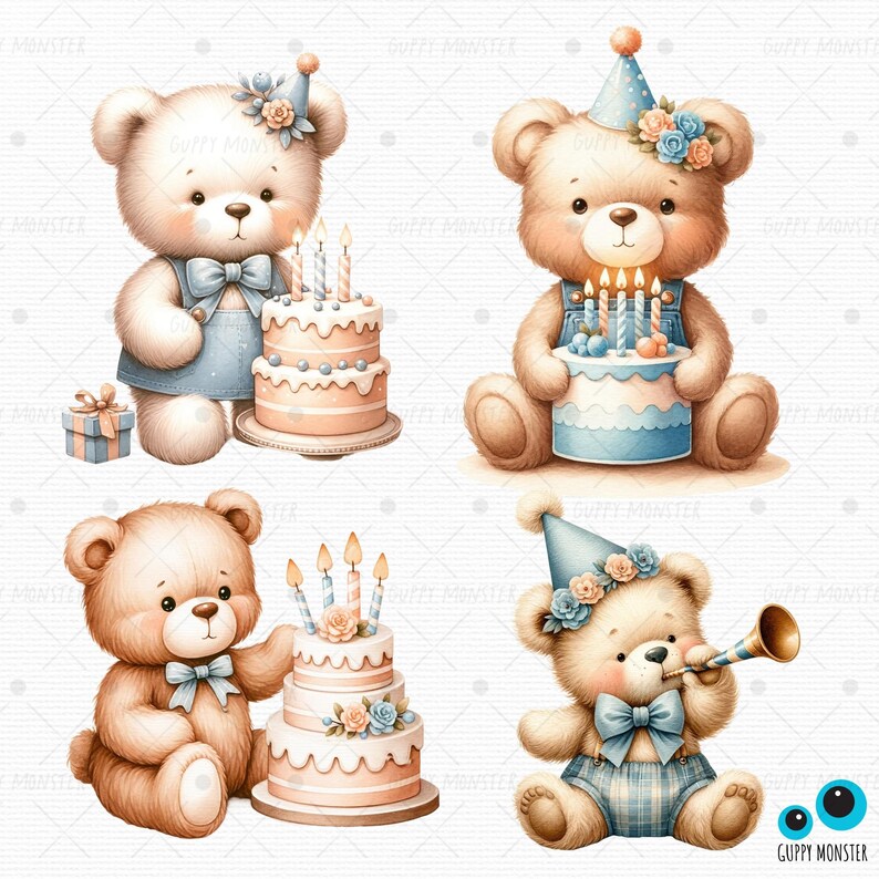 Bear Party Watercolor Clipart, Cute Bear Birthday Party Theme, Bear Png ...