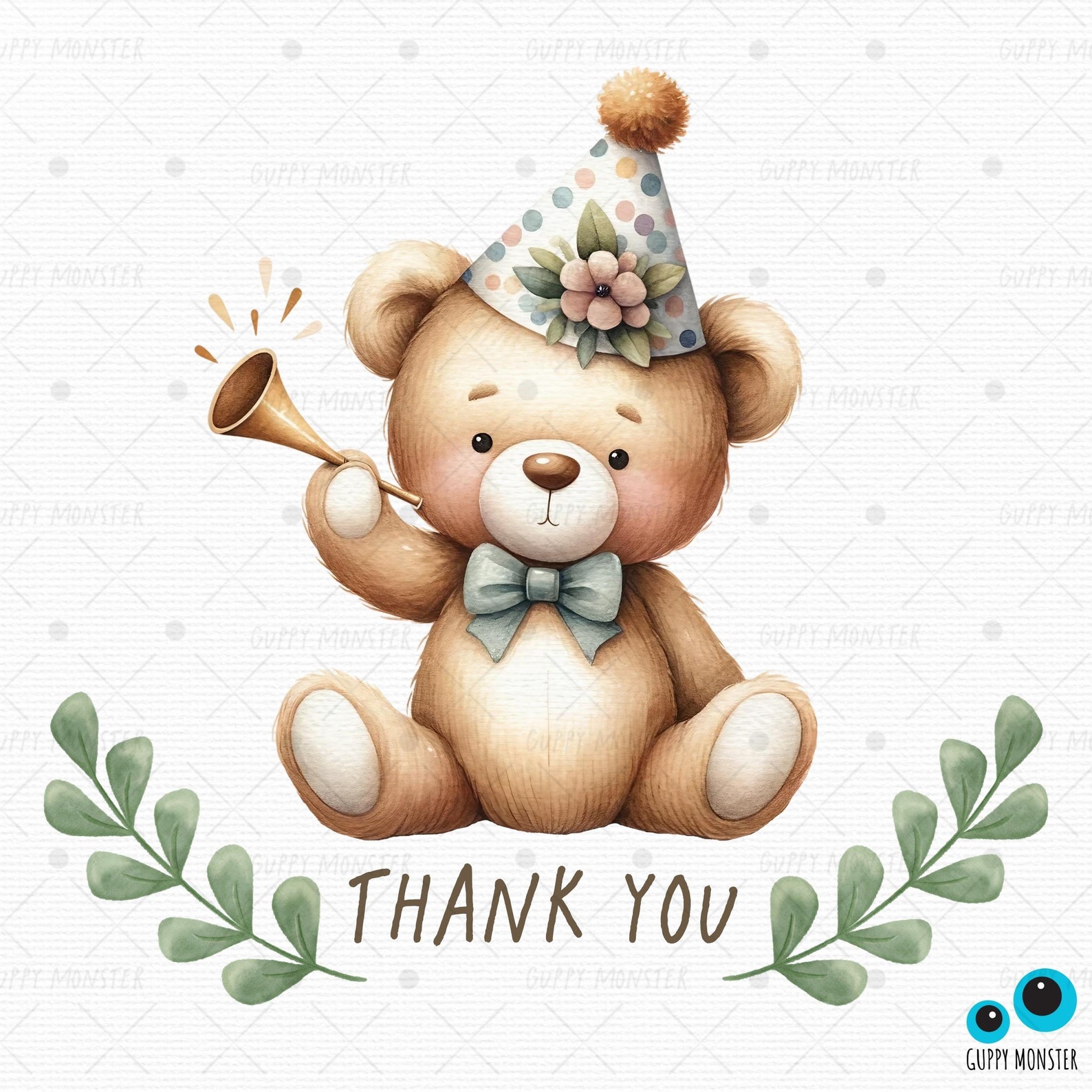 Bear Party Watercolor Clipart, Cute Bear Birthday Party Theme, Bear Png ...