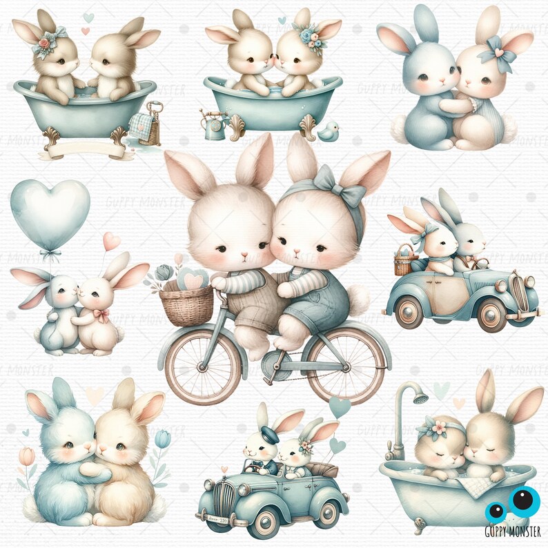 Valentine's Day Bunny Couple Watercolor Clipart, Cute Rabbit Png ...