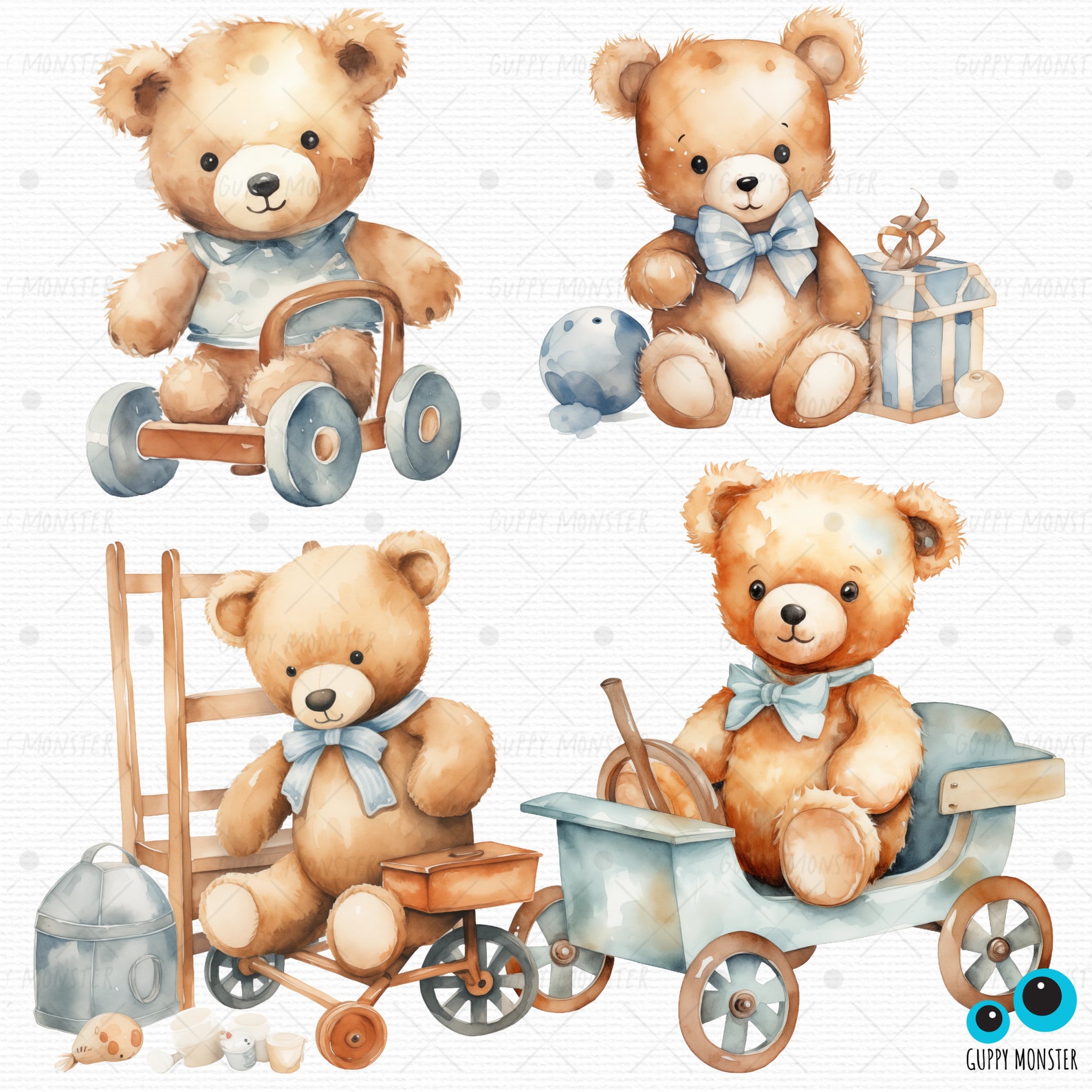 Cute Teddy Bear Nursery Toys Watercolor Clipart, Birthday ...