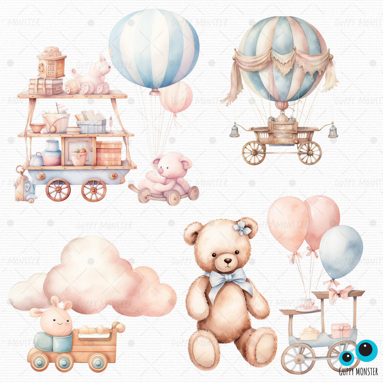 Cute Teddy Bear Nursery Toys Watercolor Clipart, Birthday ...