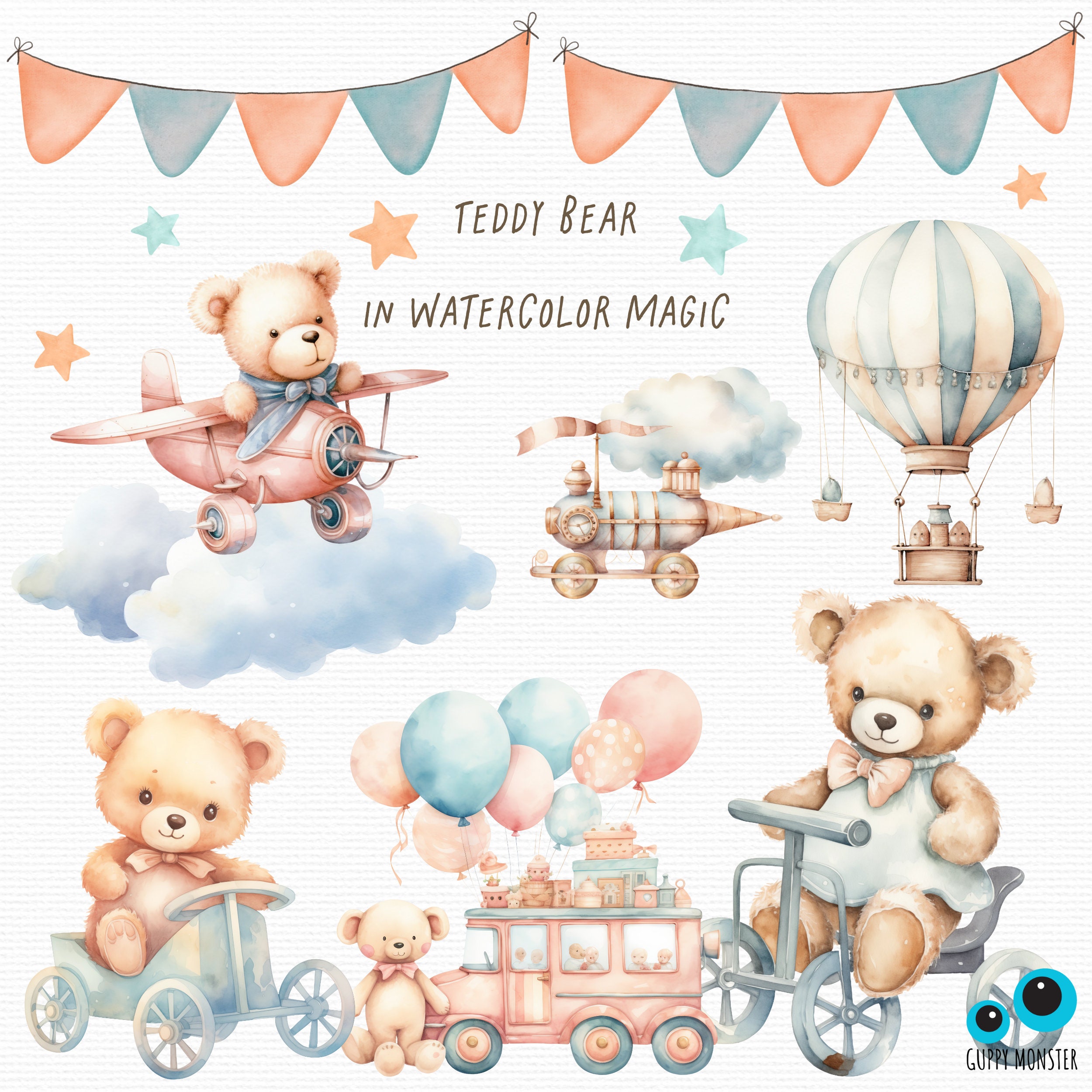 Cute Teddy Bear Nursery Toys Watercolor Clipart, Birthday ...