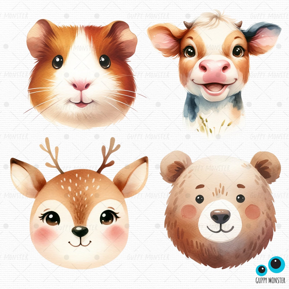 Animal Faces Watercolor Clipart Animals Clipart Farm Animals - Etsy