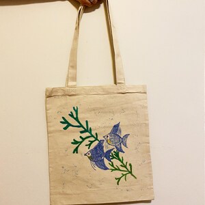 Blue Fish Canvas Hand Painted Bag, Everyday Bag, Bag for Laptop, Bag ...